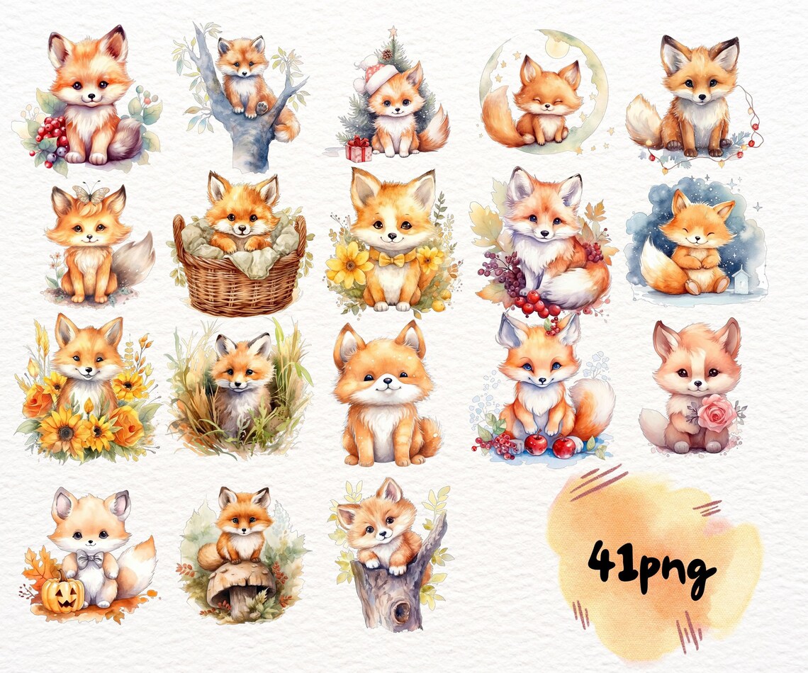 Chubby Foxes Watercolor Clipart Cute Kawaii Cartoon Foxes, Baby Foxes ...