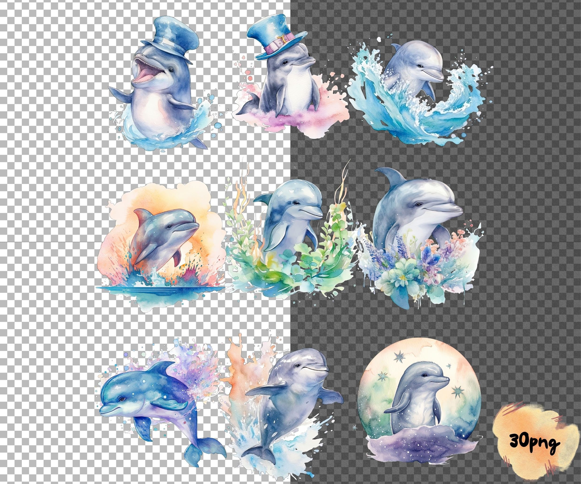 Cute Dolphin Watercolor Clipart Bundle - Baby Dolphins PNG, Ocean ...