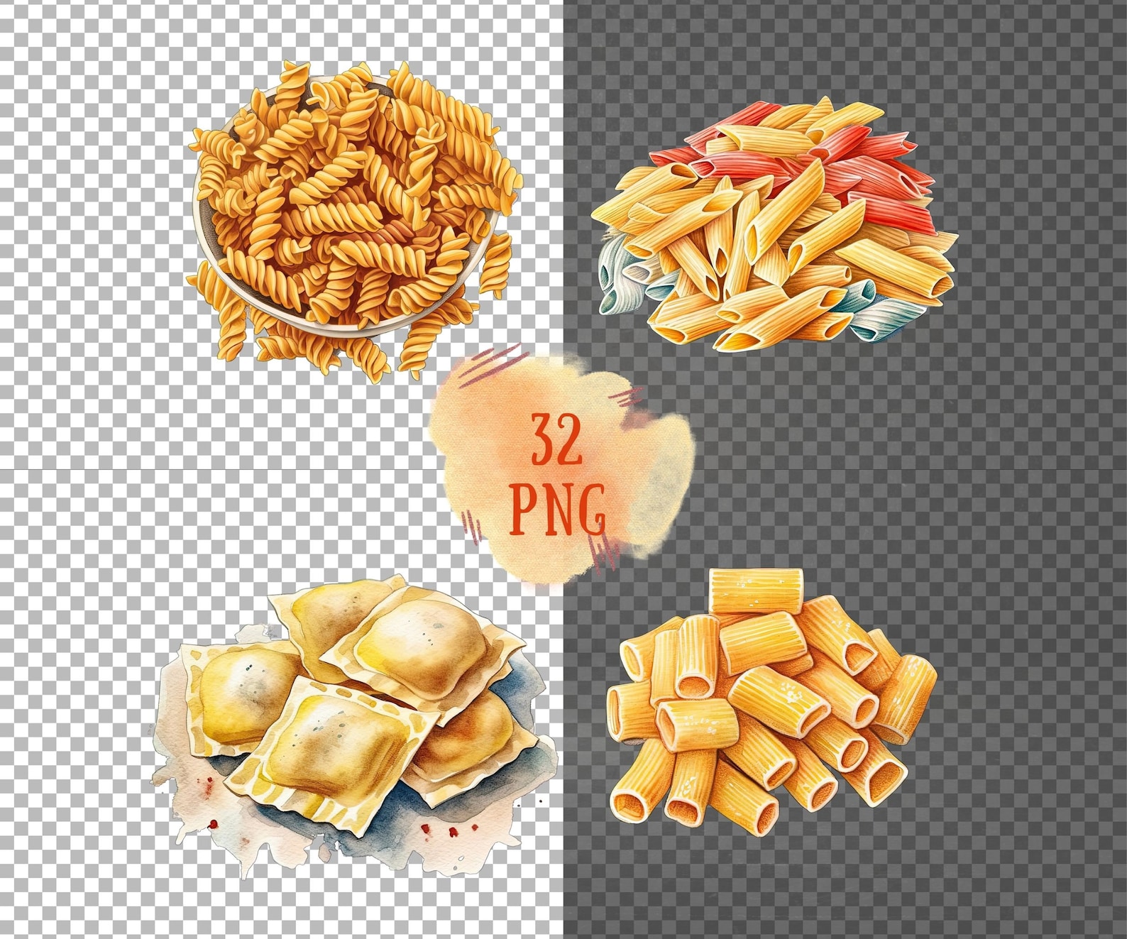 Pasta Watercolor Clipart, Pasta Machine, Ravioli, Penne Rigate, Fusilli ...