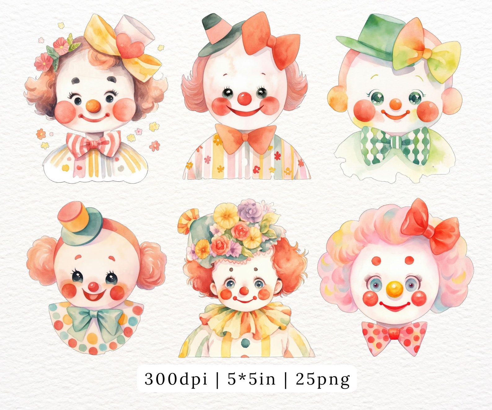 Watercolor Baby Clown Clipart, Cute Cartoon Pastel Carnival Clown ...