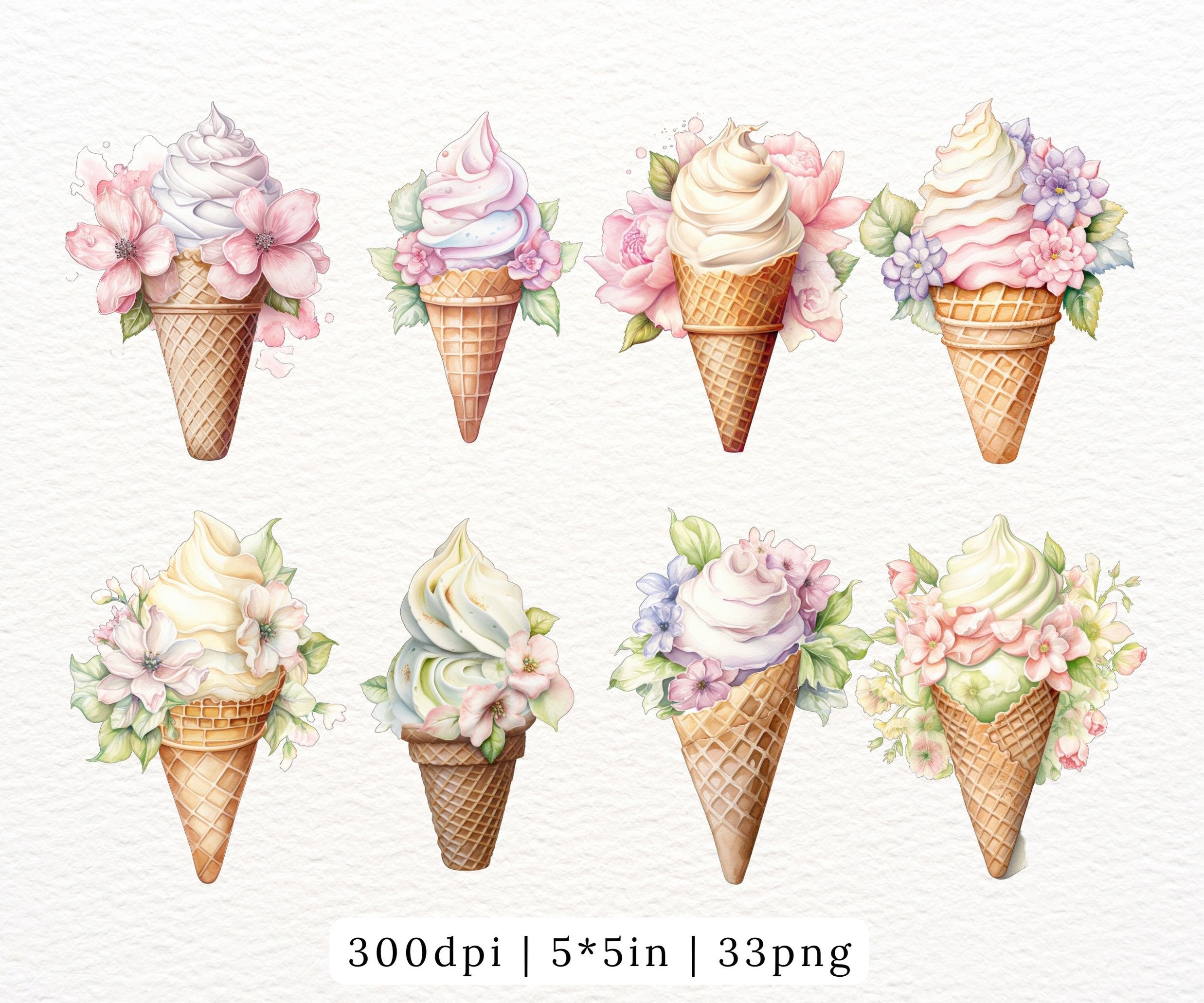 Watercolor Ice Cream Cone Clipart, Ice Cream With Flowers,plants,pastel ...