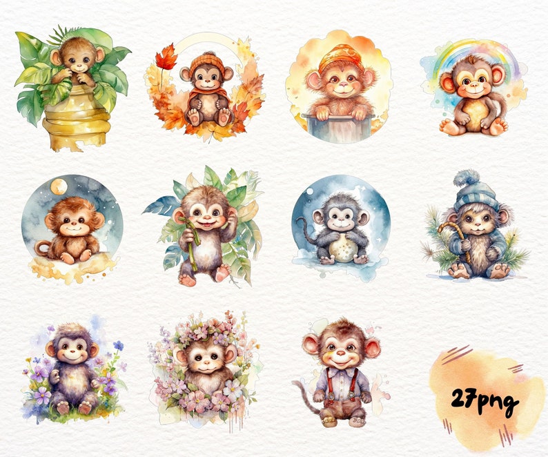 Chubby Monkeys Watercolor Clipart - Cute Kawaii Cartoon Monkeys, Baby ...