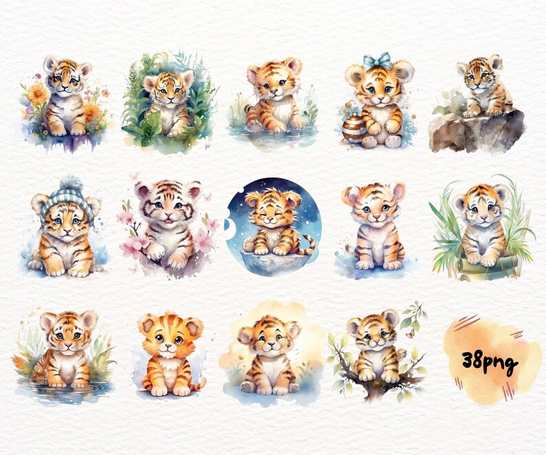 Chubby Tiger Watercolor Clipart - Kawaii Cartoon Tiger Art, Baby Tigers ...