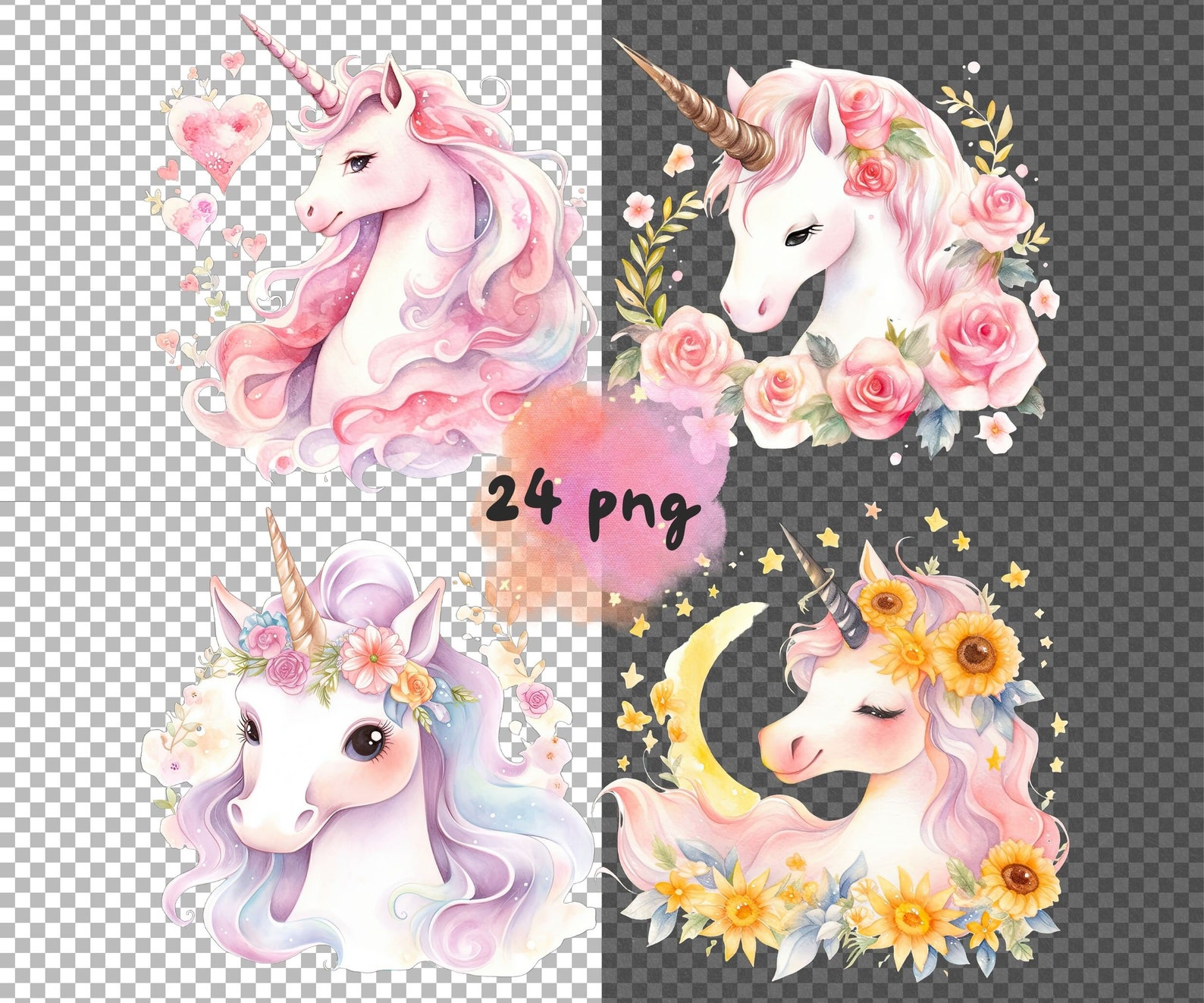 Cartoon Unicorns Watercolor Clipart Cute Kawaii Dreamy Pink Chubby ...