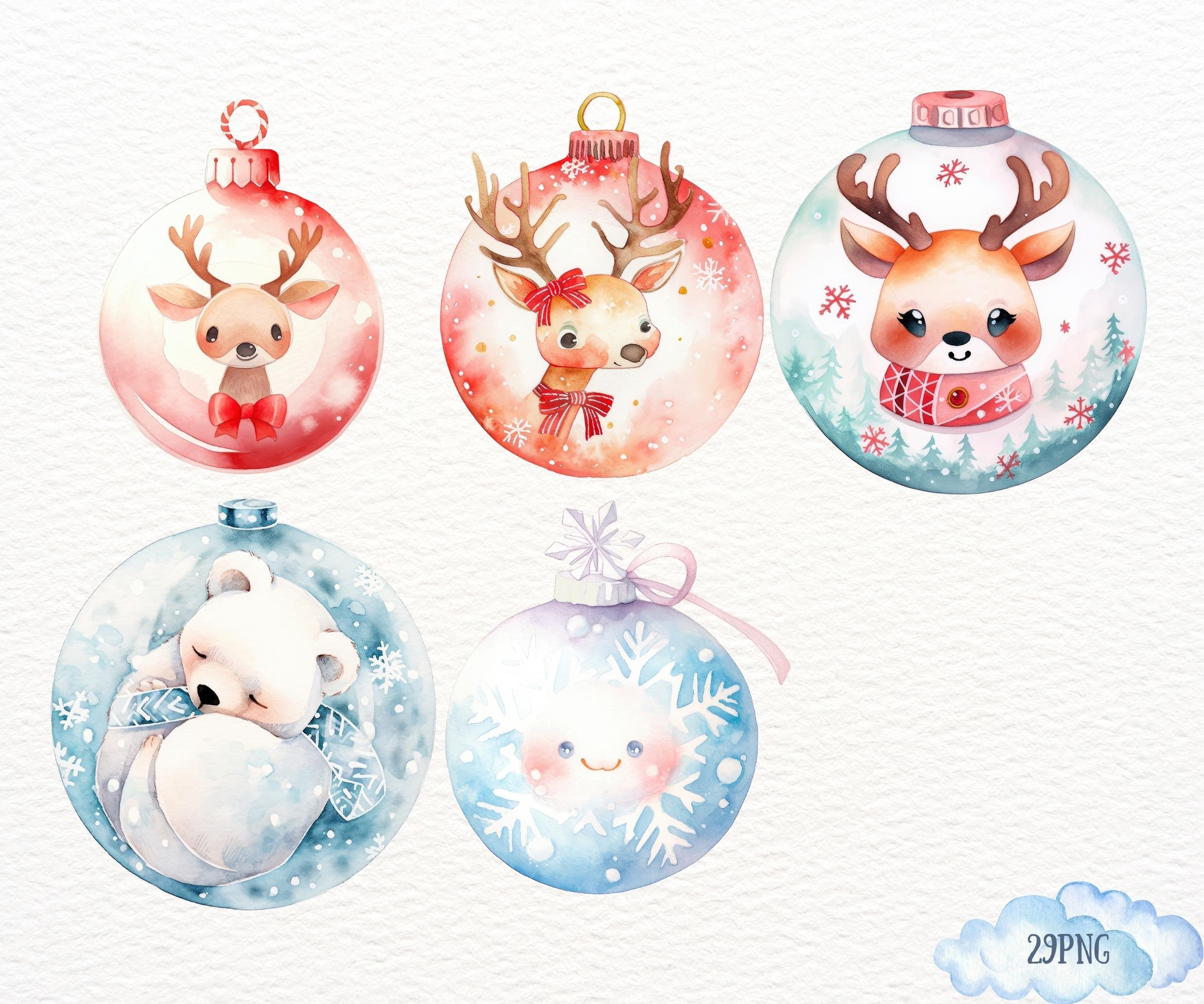 Christmas Ornament Watercolor Clipart 29 Pngs, Cute Christmas Tree Baubles Clip Art, Kawaii Xmas ...
