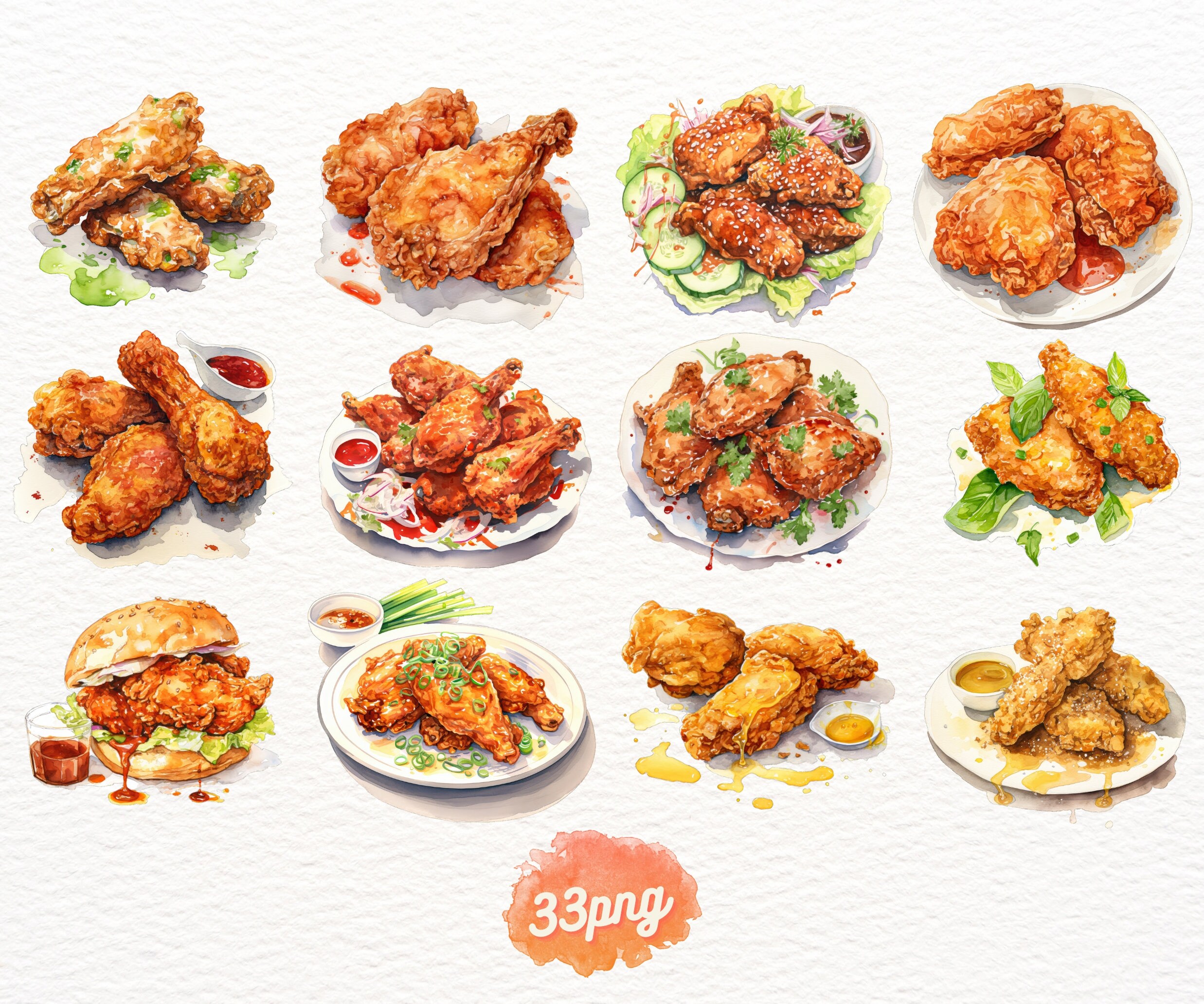 Fried Chicken Cliparts Collection, Watercolor Fried Chicken Png, Korean ...
