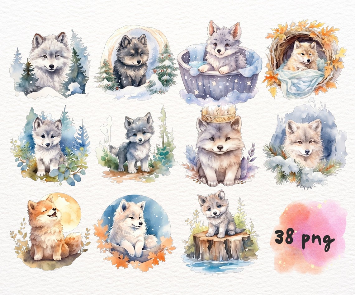Chubby Baby Wolf Watercolor Clipart Cute Kawaii Cartoon Puppy Wolves ...