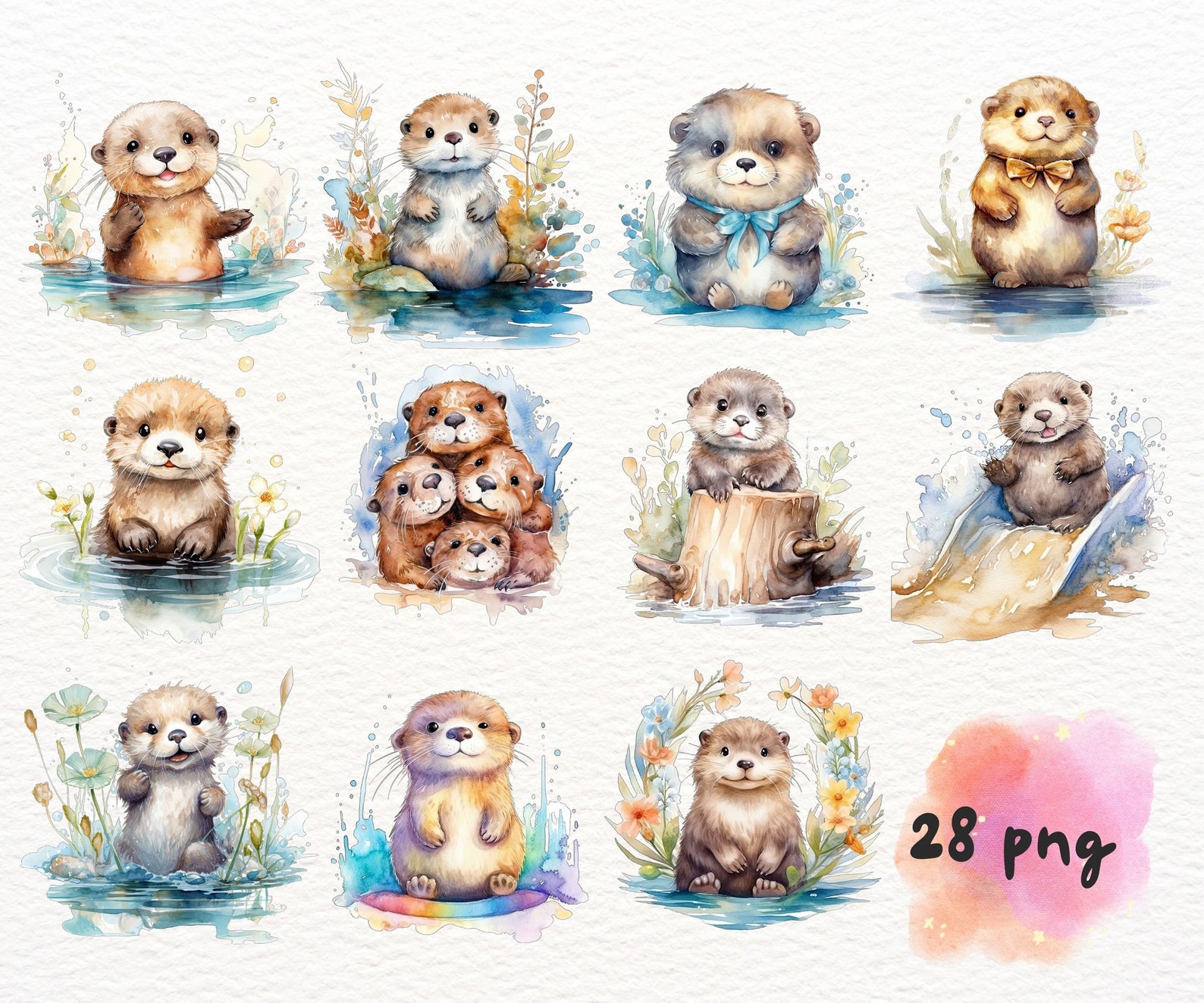 Chubby Otters Watercolor Clipart - Cute Kawaii Cartoon Otters, Baby ...