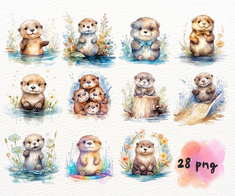 Chubby Otters Watercolor Clipart - Cute Kawaii Cartoon Otters, Baby ...
