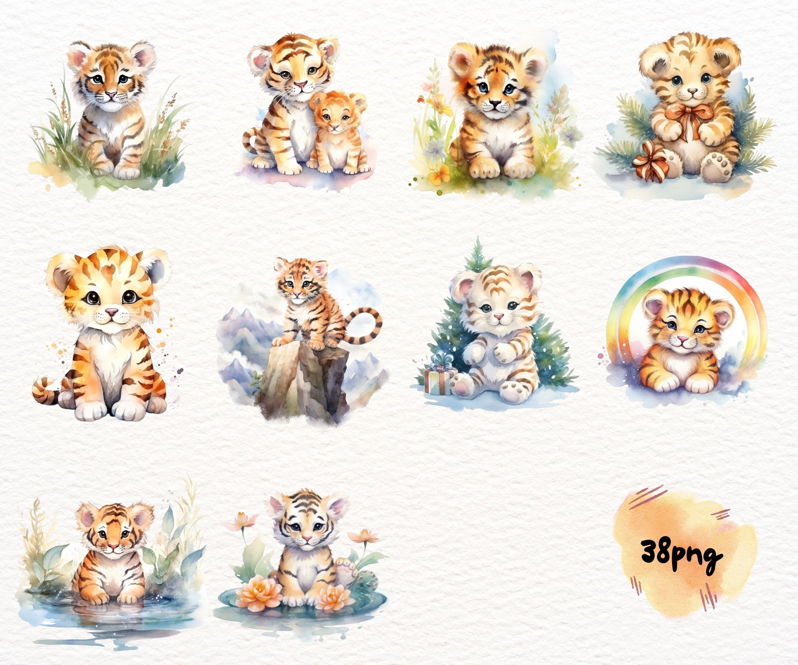 Chubby Tiger Watercolor Clipart Kawaii Cartoon Tiger Art, Baby Tigers ...
