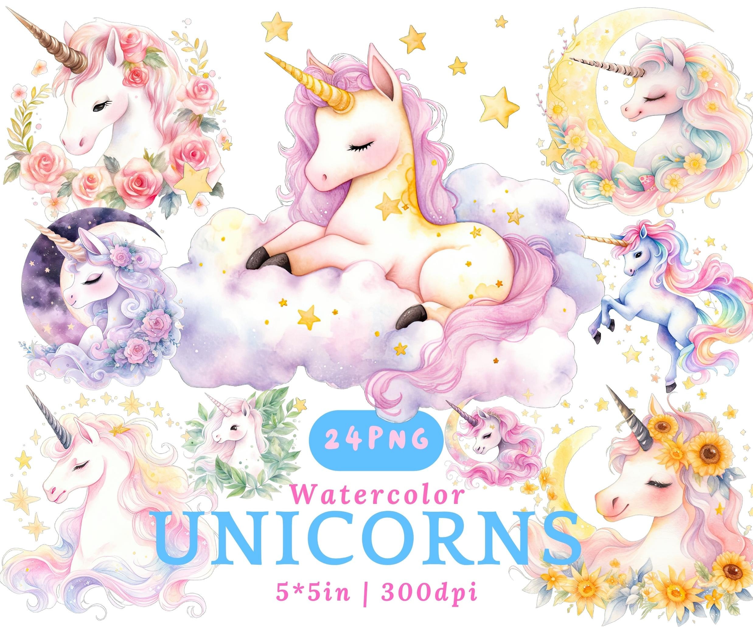 Cartoon Unicorns Watercolor Clipart Cute Kawaii Dreamy Pink Chubby ...