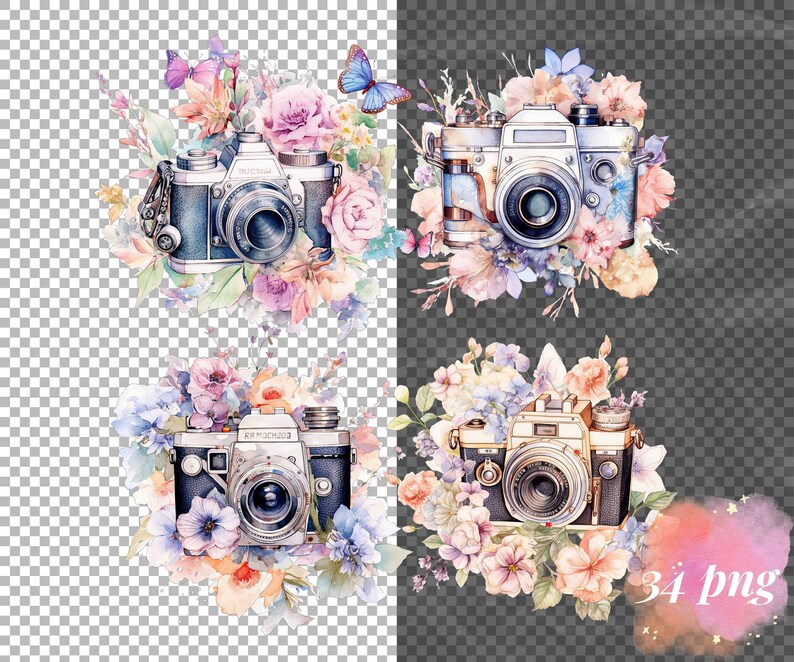 Watercolor Camera Clipart Set of 34 Pngs,vintage Cameras Adorned With ...