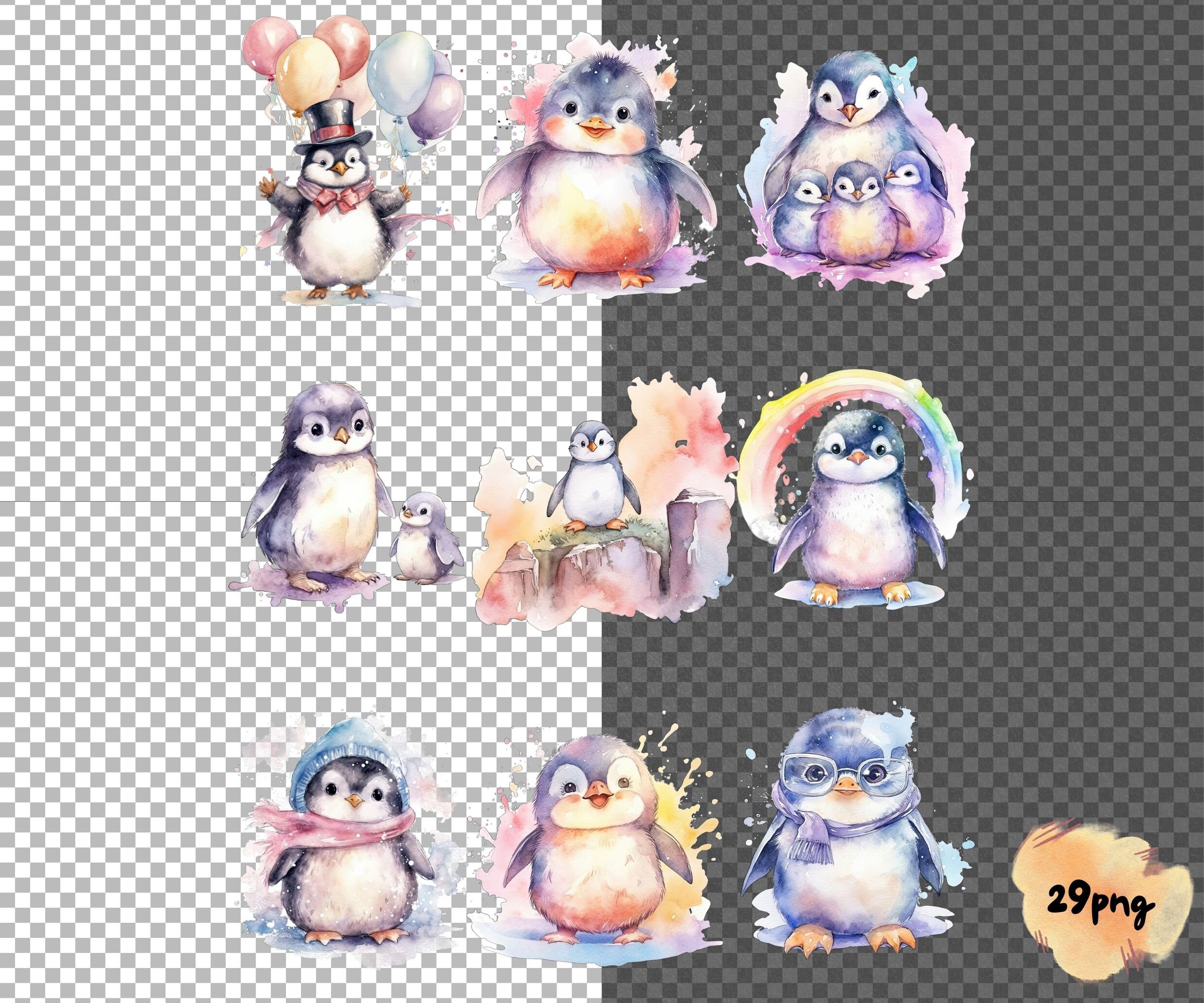 Chubby Penguins Watercolor Clipart Cute Kawaii Cartoon Penguins, Baby ...