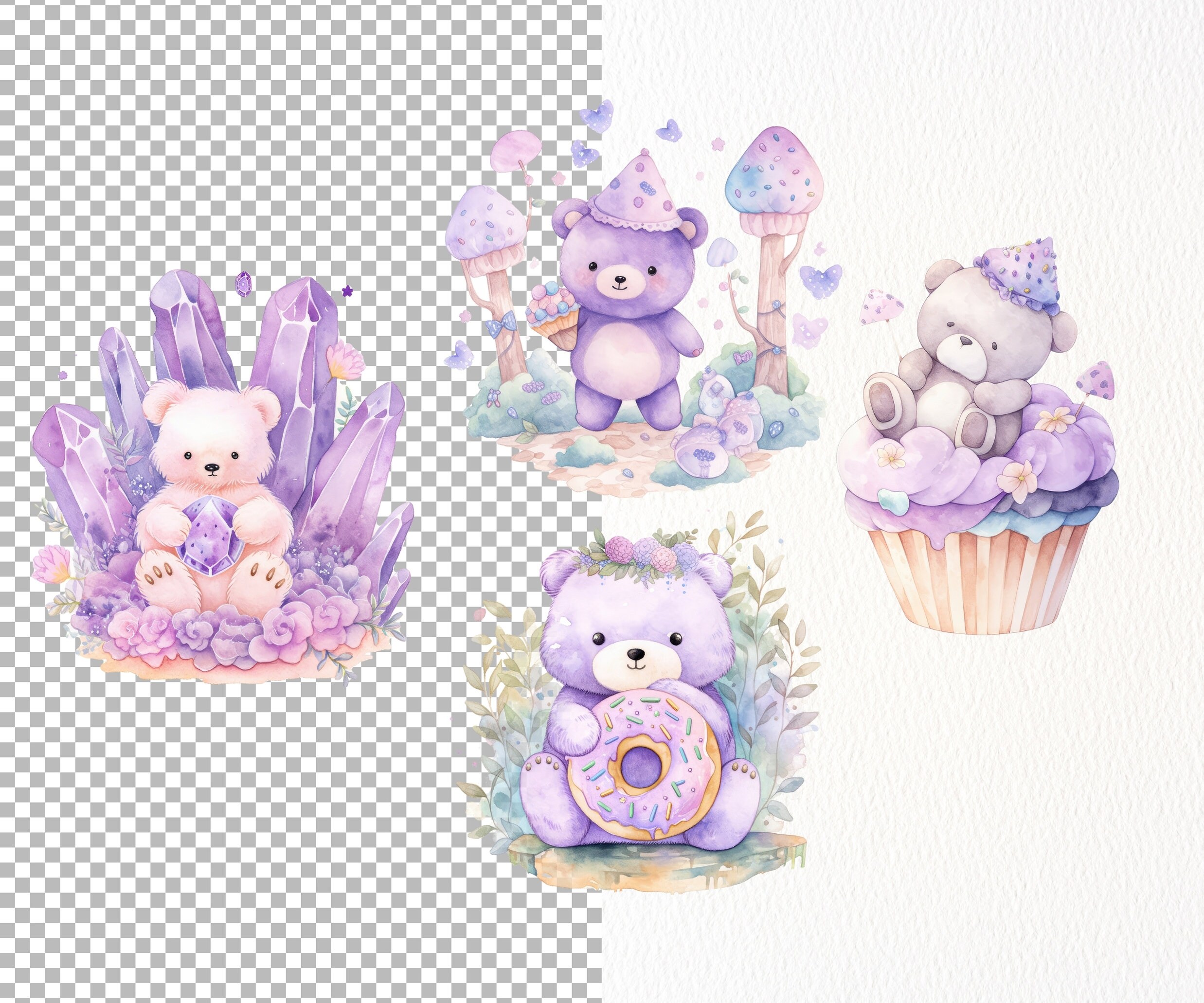 Purple Bear Clipart Kawaii Cartoon Cuddly Bear Watercolor - Etsy
