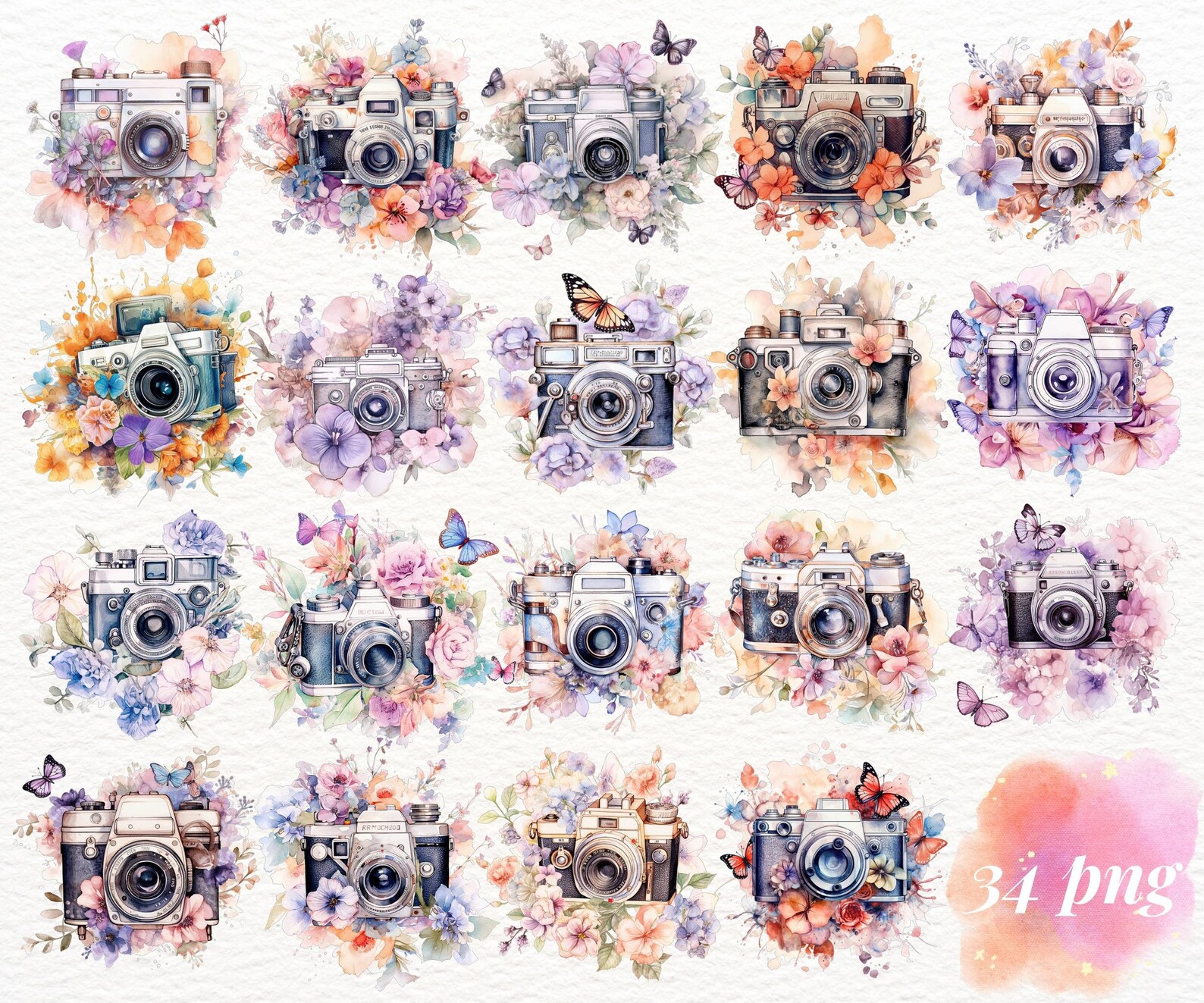 Watercolor Camera Clipart Set of 34 Pngs,vintage Cameras Adorned With ...