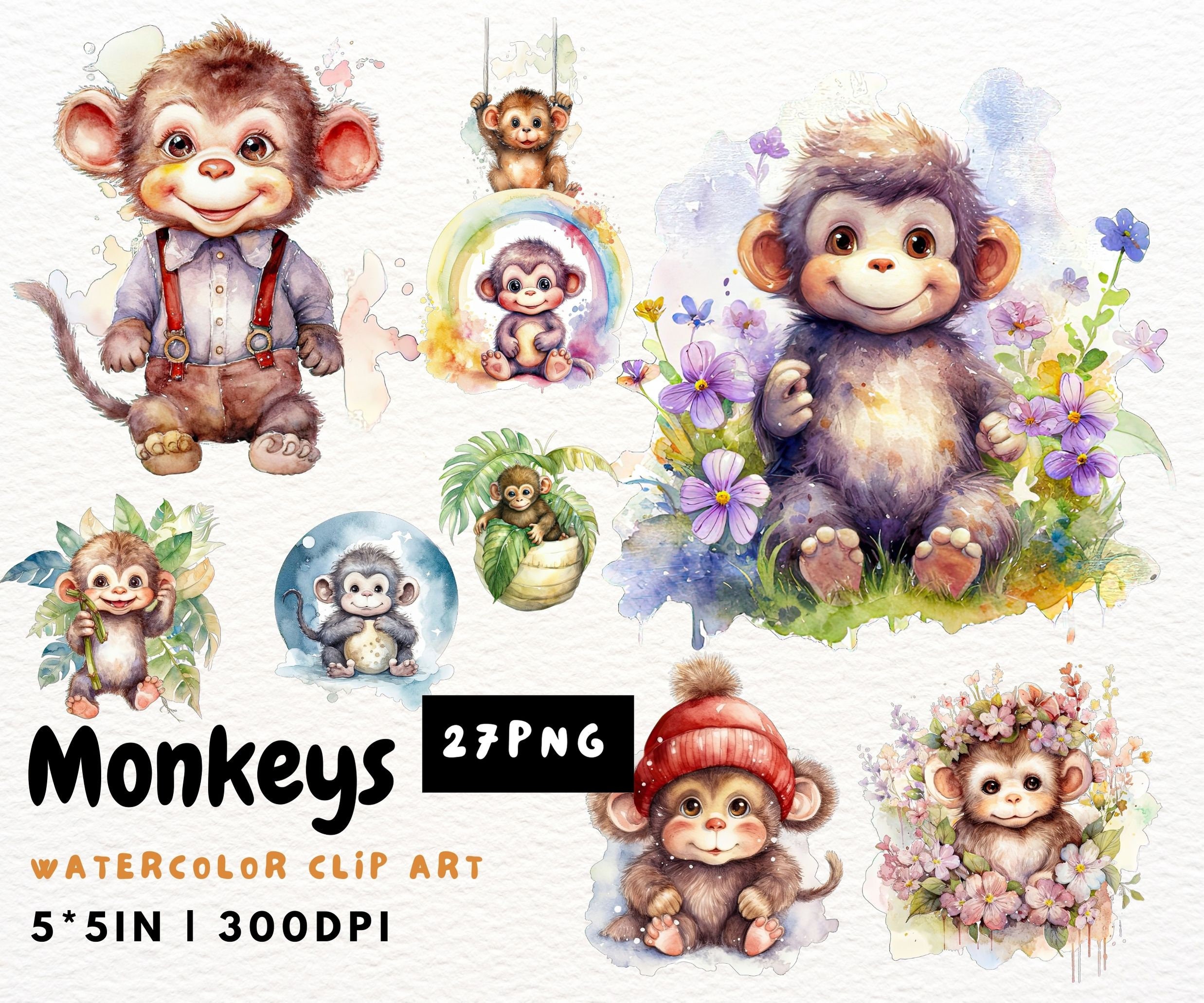 Chubby Monkeys Watercolor Clipart Cute Kawaii Cartoon - Etsy