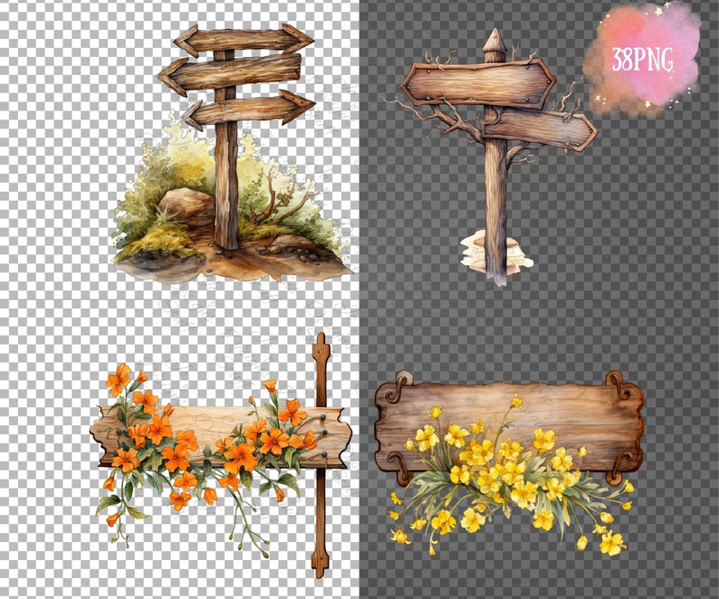 Watercolor Wooden Signs Clipart, Vintage Village Rustic Road and Door ...