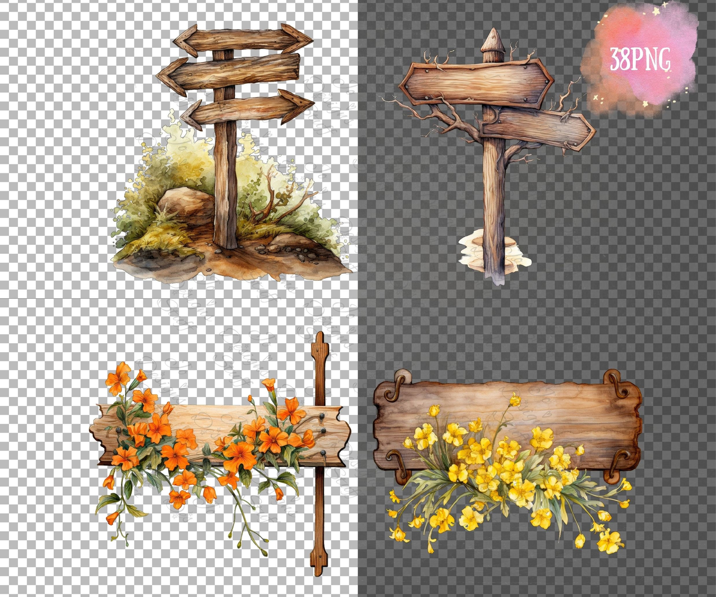 Watercolor Wooden Signs Clipart Vintage Village Rustic Road - Etsy