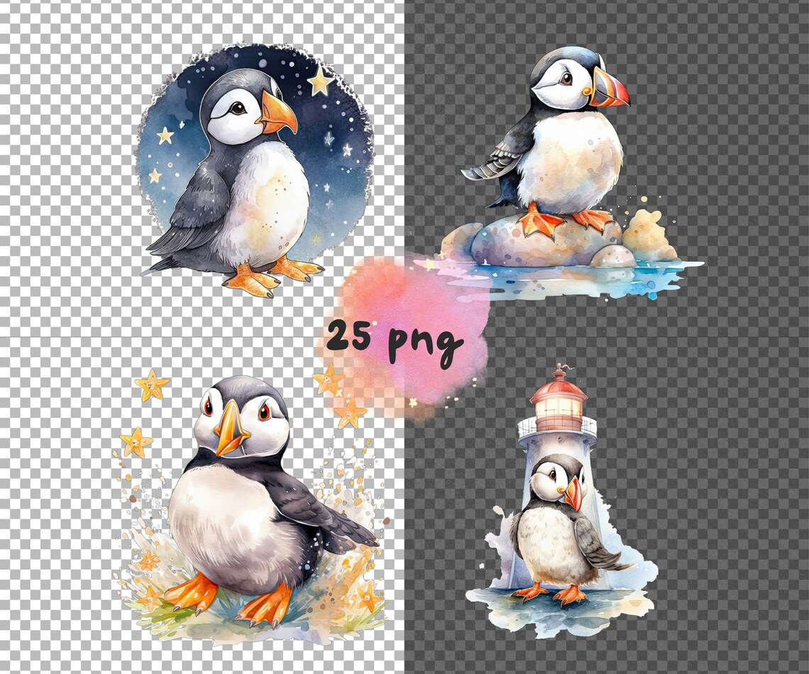 Chubby Puffin Watercolor Clipart Cute Kawaii Cartoon Puffins, Baby ...