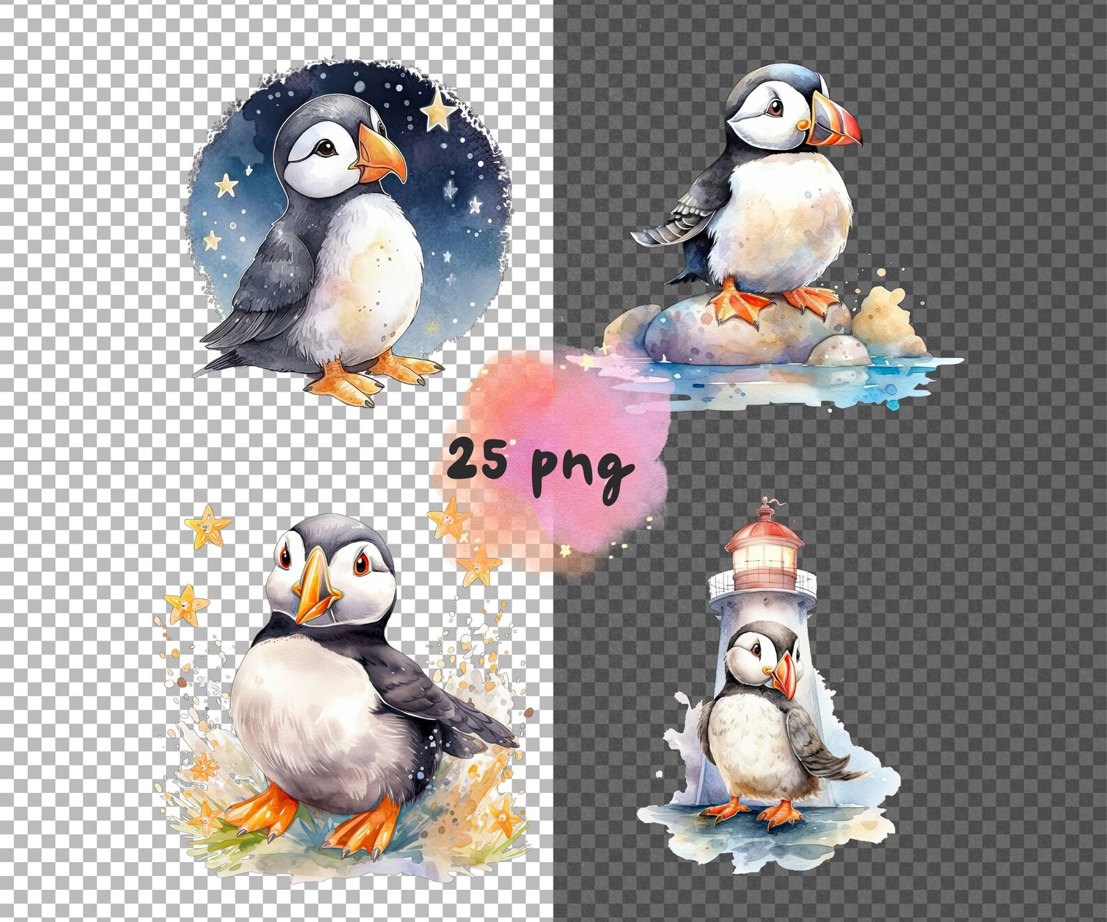 Chubby Puffin Watercolor Clipart - Cute Kawaii Cartoon Puffins, Baby ...