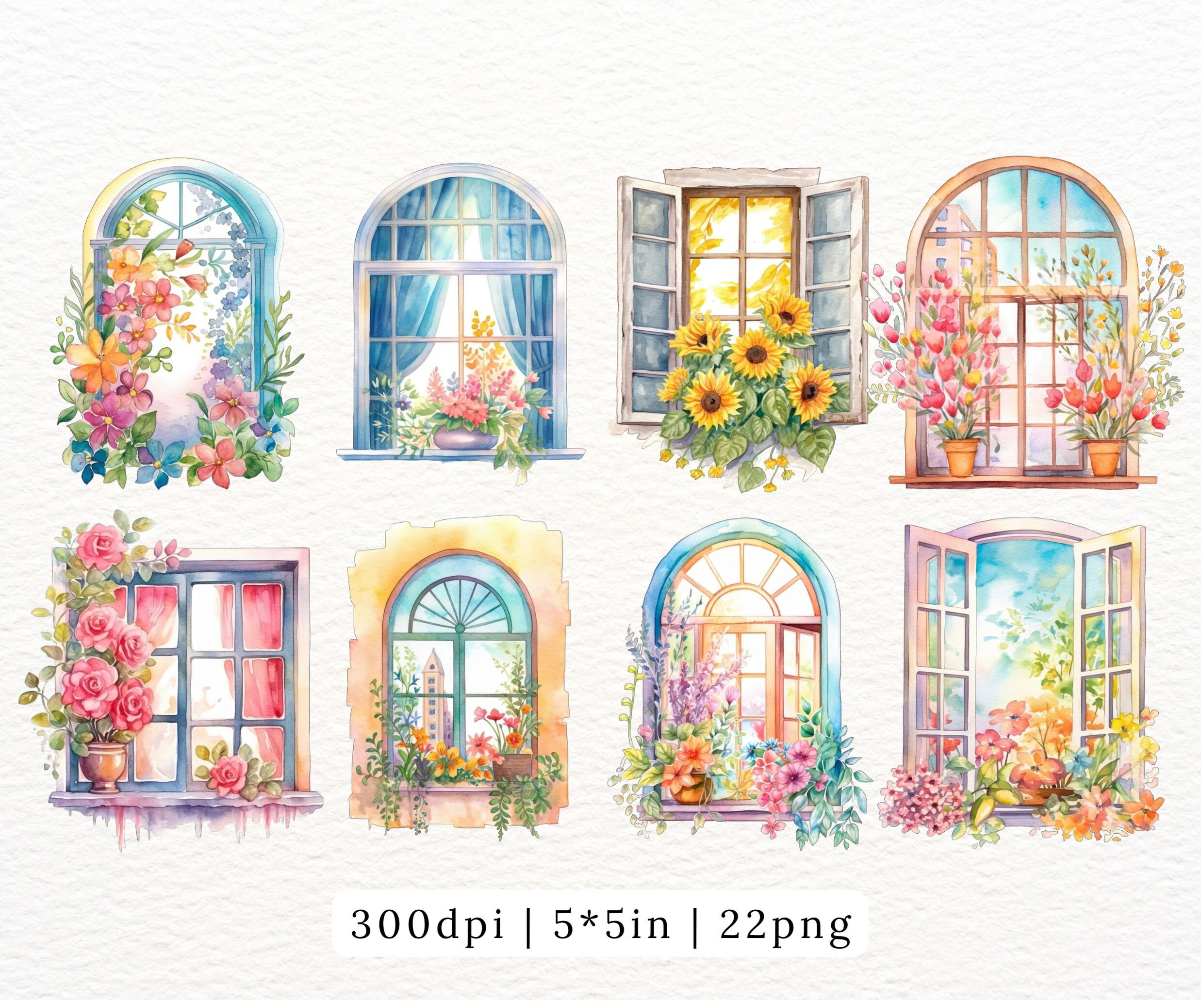 Watercolor Window Clipart-spring, Flowers and Windows,cute Cozy Classic ...