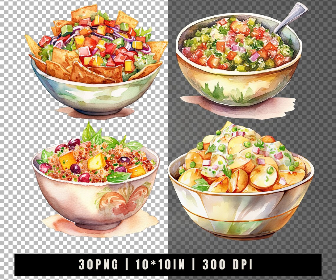 Salad Bowl Clipart Collection, Watercolor Salad Variety Pack, Caesar ...