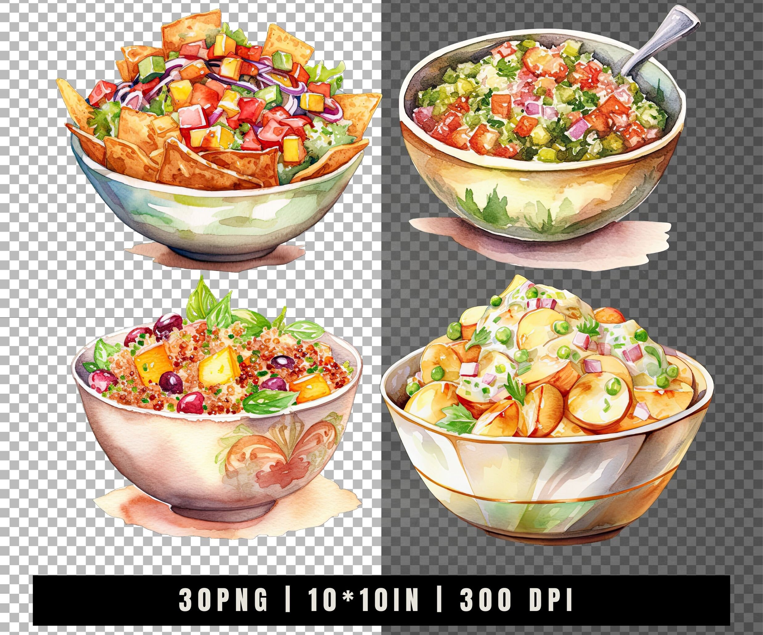Salad Bowl Clipart Collection, Watercolor Salad Variety Pack, Caesar ...