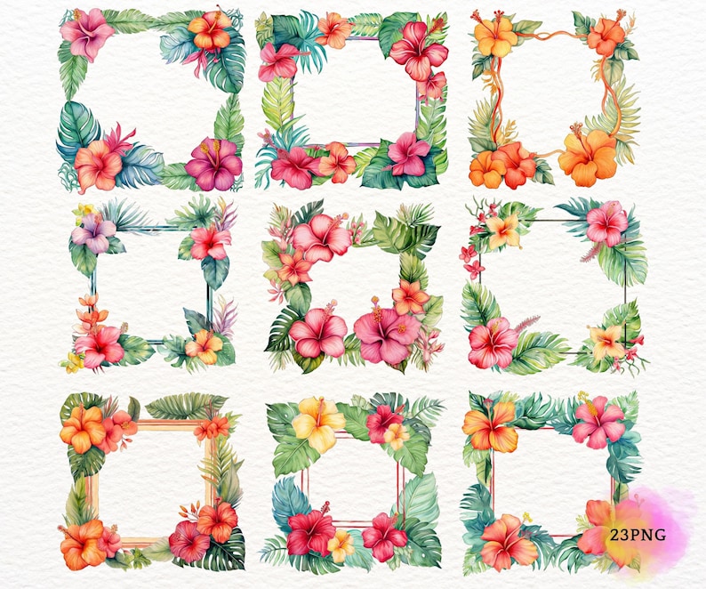 Hawaiian Hibiscus Frame PNG - Watercolor Tropical Floral Borders for ...