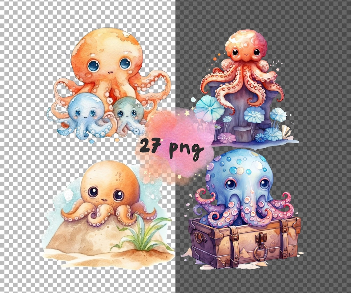Chubby Octopuses Watercolor Clipart Cute Kawaii Cartoon - Etsy