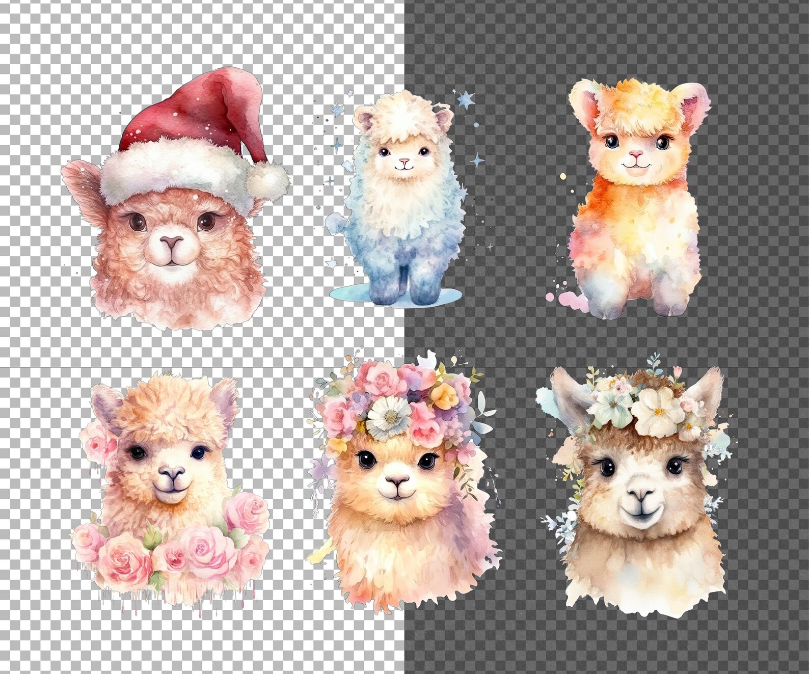 Chubby Alpaca Watercolor Clipart - Cute Kawaii Cartoon Alpacas, Baby ...