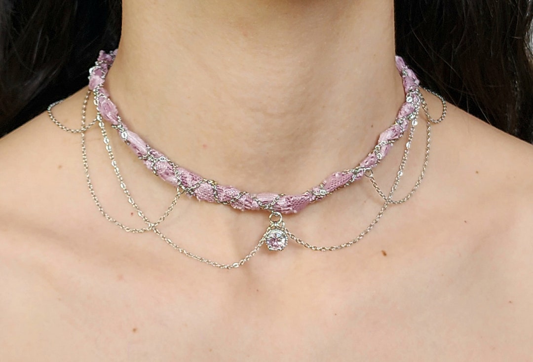 Pink Lace Choker Pink Cubic Zirconia Charm Stainless Steel - Etsy