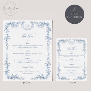Dusty Blue Bar Menu, Blue Toile Wedding Bar Menu Template, Chinoiserie ...