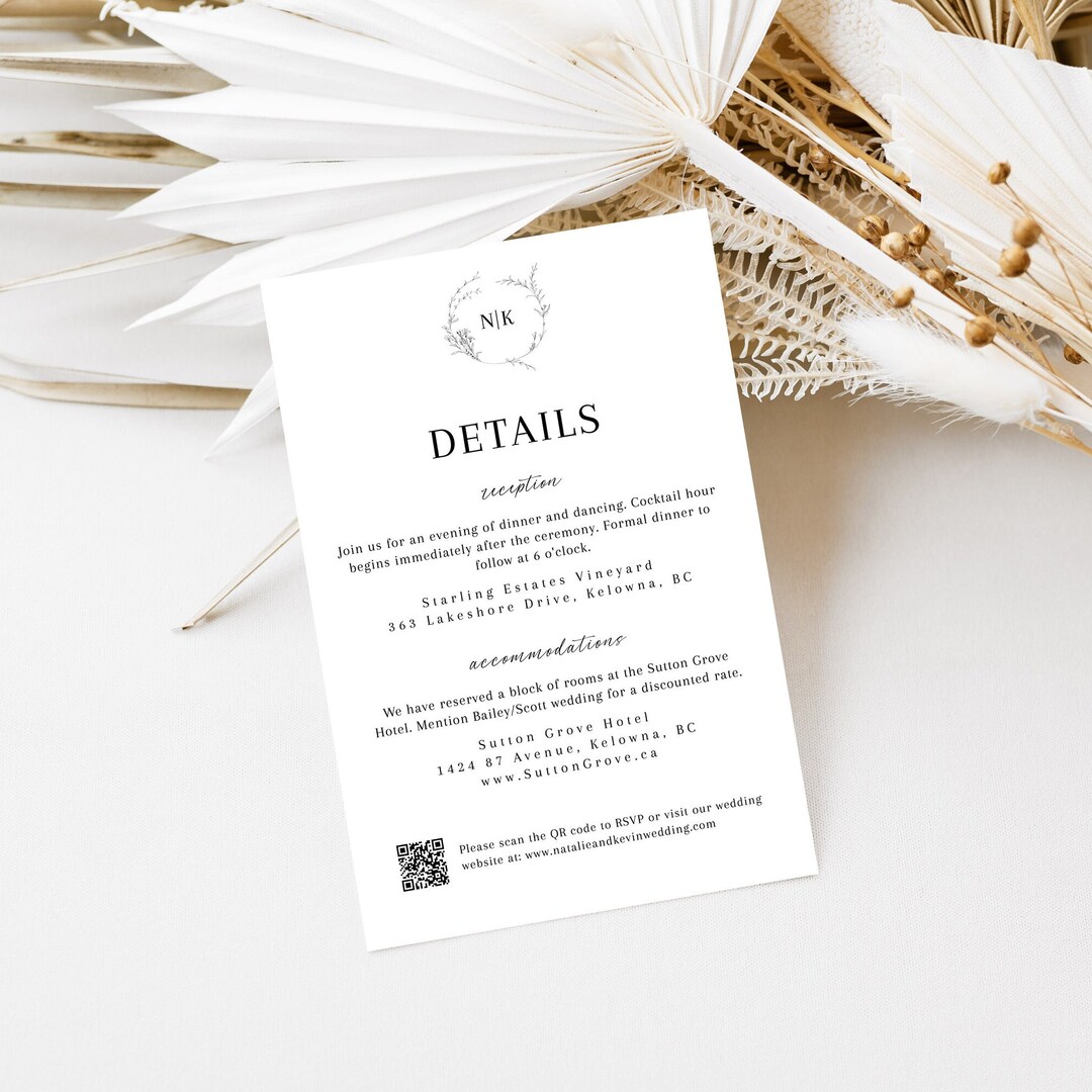 Monogram Wedding Details Card Template, Elegant Botanical Wedding Invite Enclosure, QR Code ...