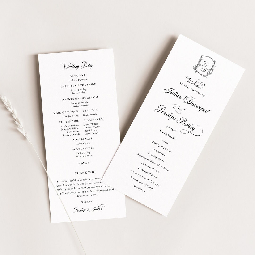 Monogram Wedding Program, Classic Wedding Program Template, Ceremony Order of Service, Editable ...