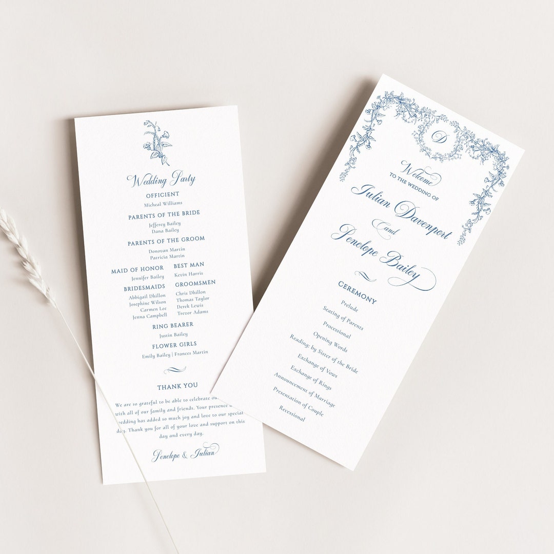 Dusty Blue Wedding Program, Chinoiserie Monogram Wedding Program Template, French Toile Ceremony ...