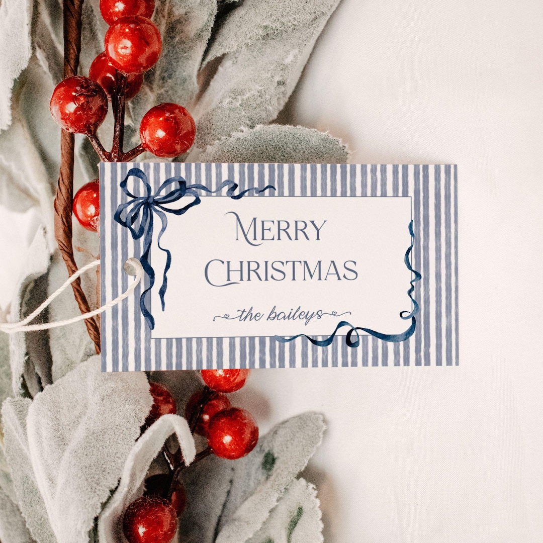 Blue Bow Christmas Gift Tag Template, Merry Christmas Favor Tag ...
