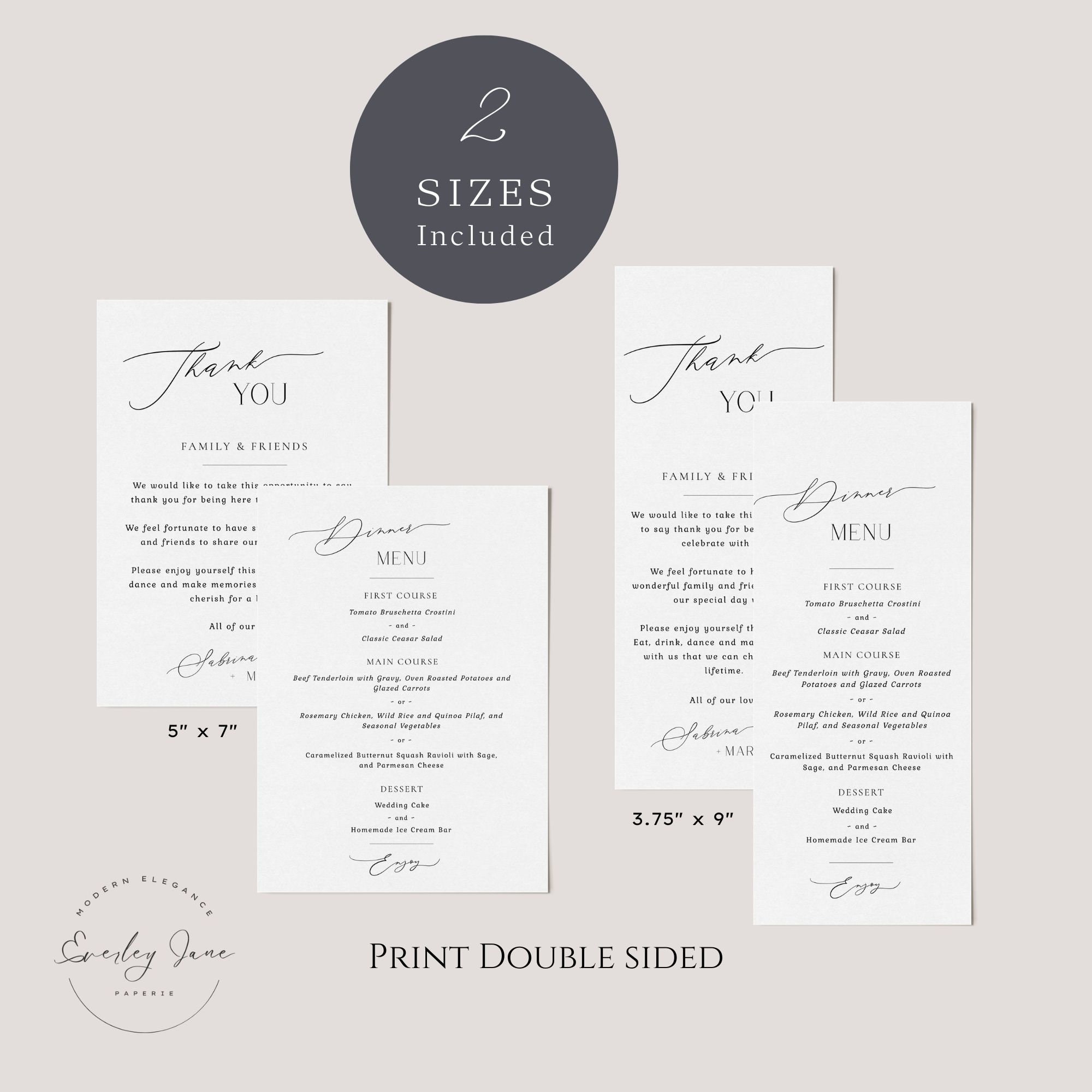 Wedding Menu and Thank You Card Template Minimalist Menu and - Etsy