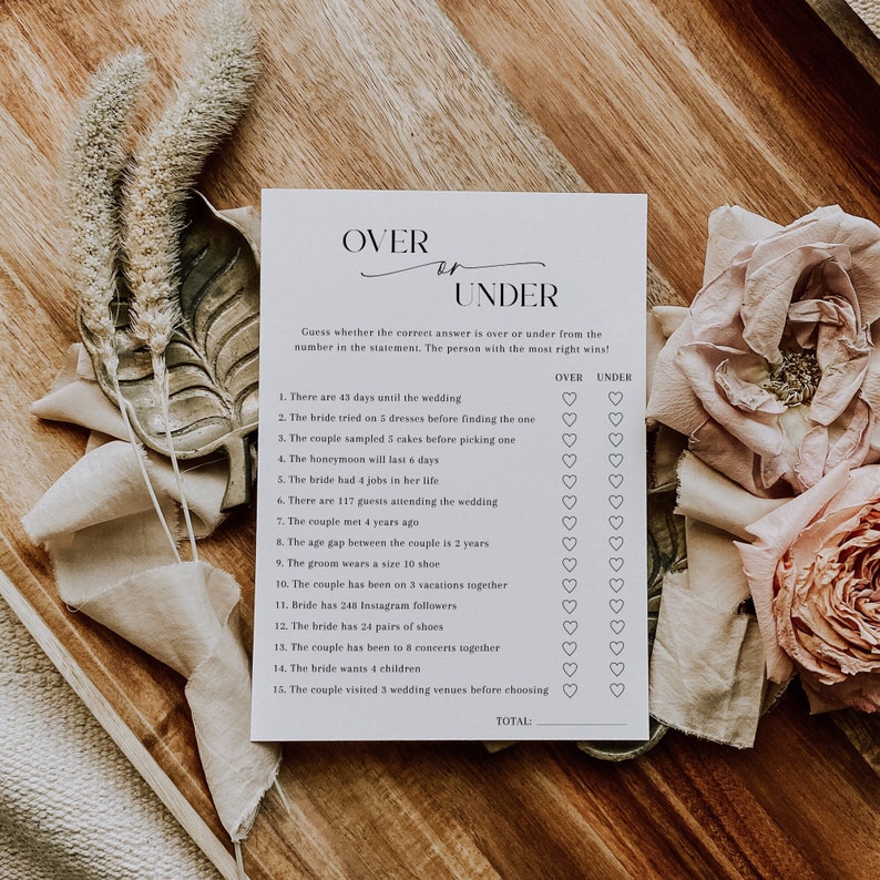 Over or Under Bridal Shower Game, Minimalist Bridal Shower Game, Over ...