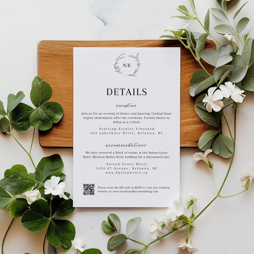 Monogram Wedding Details Card Template, Elegant Botanical Wedding Invite Enclosure, QR Code ...