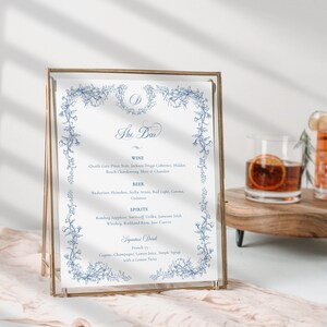 Dusty Blue Bar Menu, Blue Toile Wedding Bar Menu Template, Chinoiserie ...