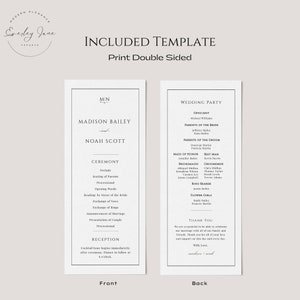 Monogram Wedding Program Card, Classic Wedding Program, Modern Order of Service, Editable ...