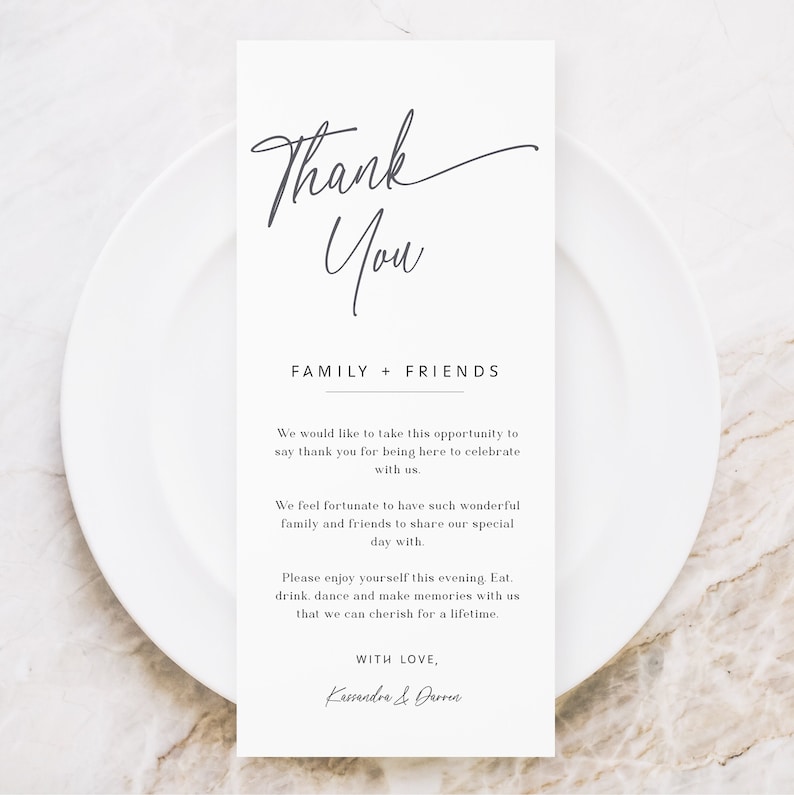 Minimalist Thank You Napkin Note, Wedding Table Thank You Template ...