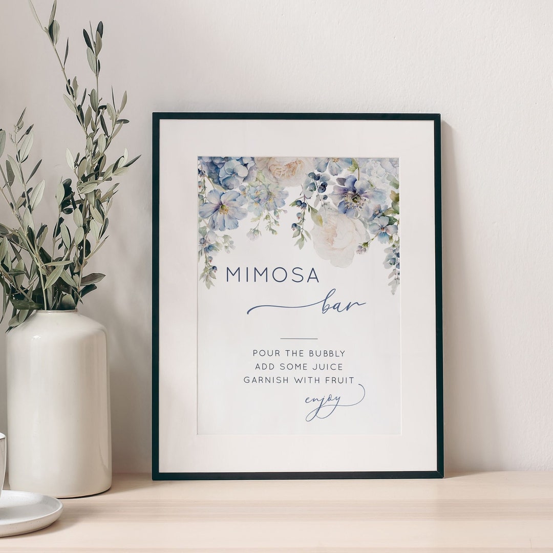 Floral Mimosa Bar Sign Template, Blue Floral Mimosa Sign Printable ...