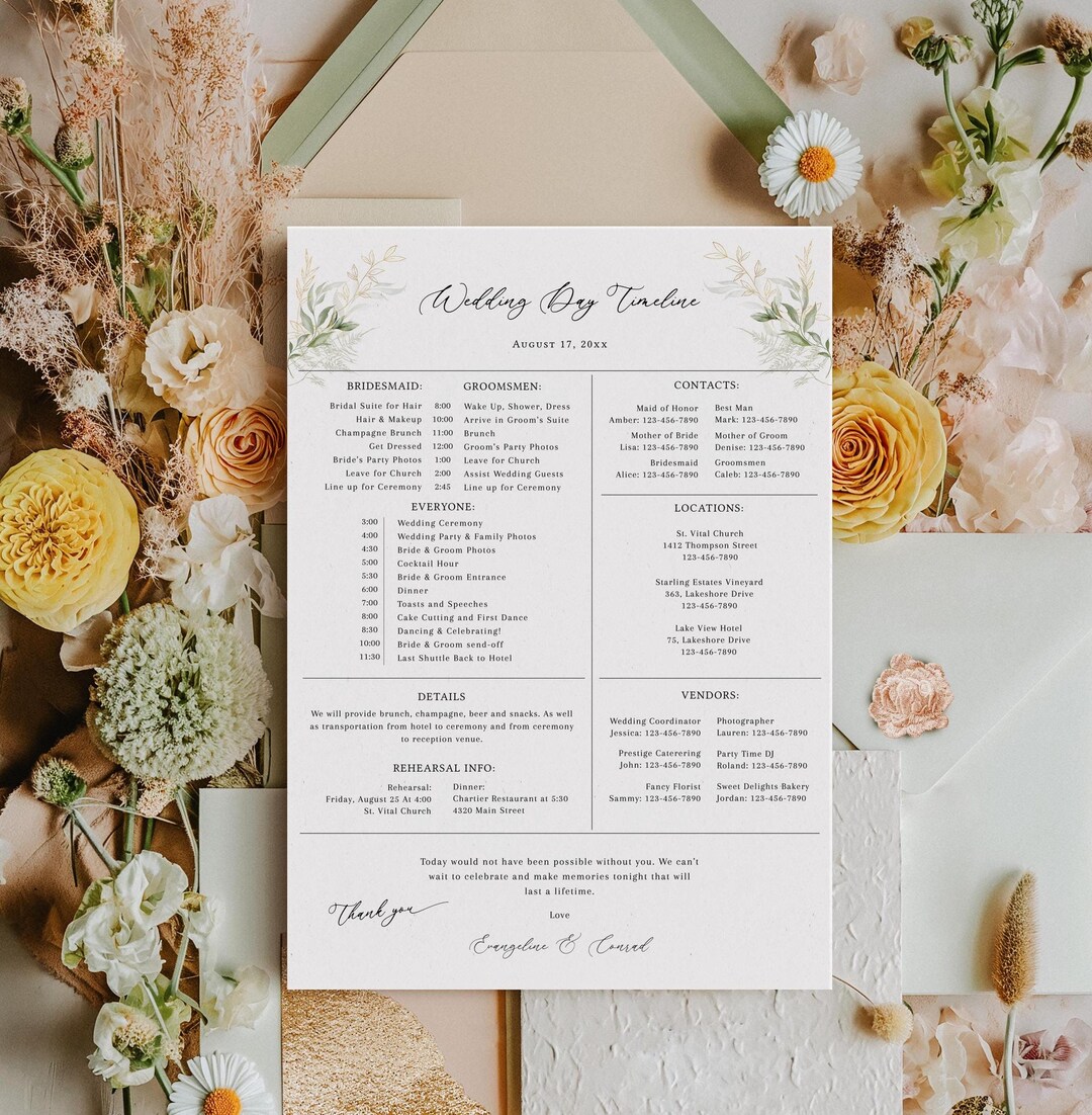 Wedding Party Timeline Template, Printable Bridal Party Timeline ...