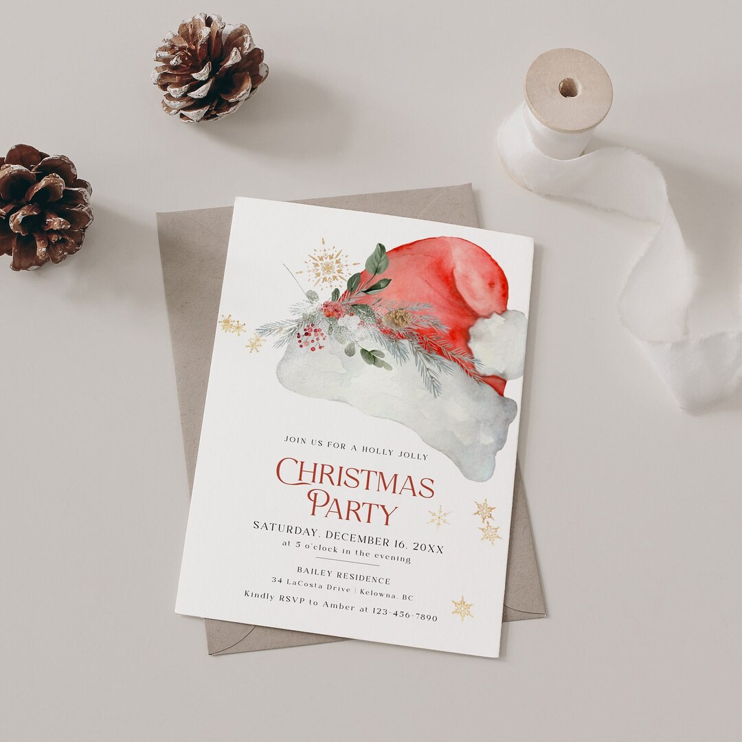 Santa Hat Christmas Party Invitation, Christmas Party Invite, Holiday ...
