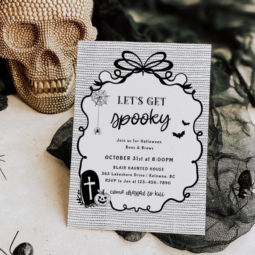 Coquette Bow Halloween Party Invitation, Hand Drawn Halloween Invite Template, Editable ...