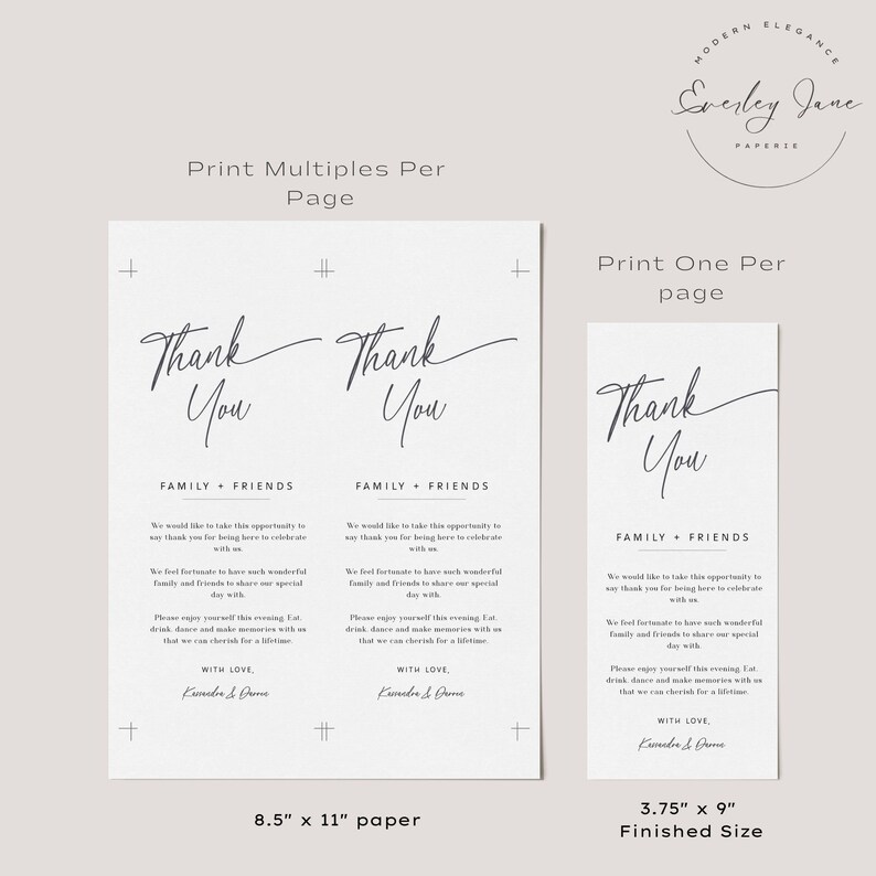 Minimalist Thank You Napkin Note, Wedding Table Thank You Template, Place Setting Thank You ...