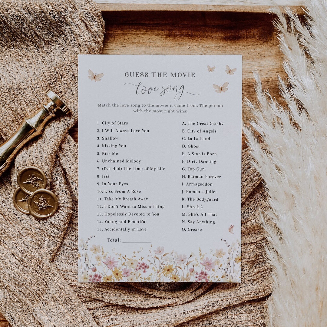 Guess the Movie Love Song Bridal Shower Game, Butterfly Bridal Shower Game, Name the Love Song ...