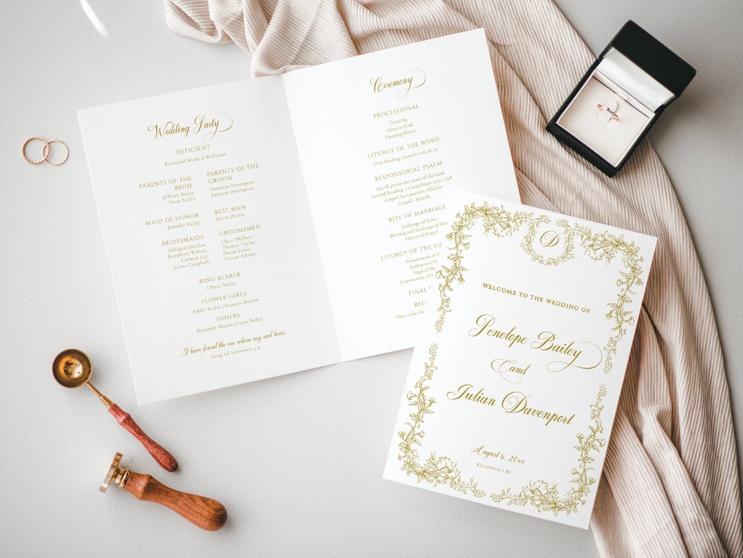 Gold and White Wedding Program, Church Wedding Ceremony Program, Gold ...