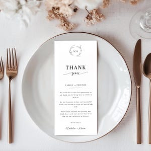 Monogram Wedding Thank You Table Card, Thank You Napkin Note, Printable ...